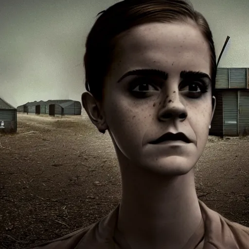 a photo of a psychotic Emma watson in a deserted FEMA | Stable ...