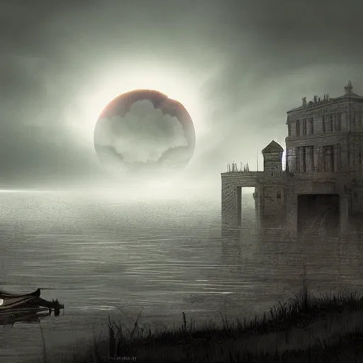 bleeding eclipse over a lake, dark atmosphere, moody, | Stable ...