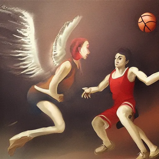 Angel and Devil playing basketball in underworld, 8k, | Stable Diffusion