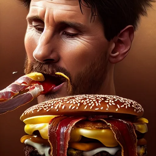 Lionel Messi eating a mammoth Wendy's baconator, | Stable Diffusion