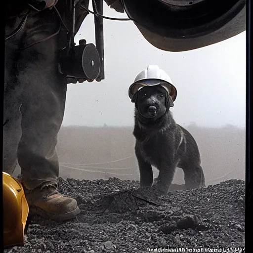 puppy working in a dusty coal mine, wearing hard hat, | Stable ...