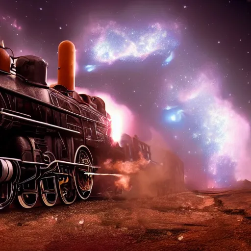 bizarre outer space nebula scene of an old steam train | Stable ...