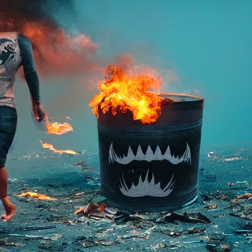 Shark head with human body standing besides a barrel | Stable Diffusion