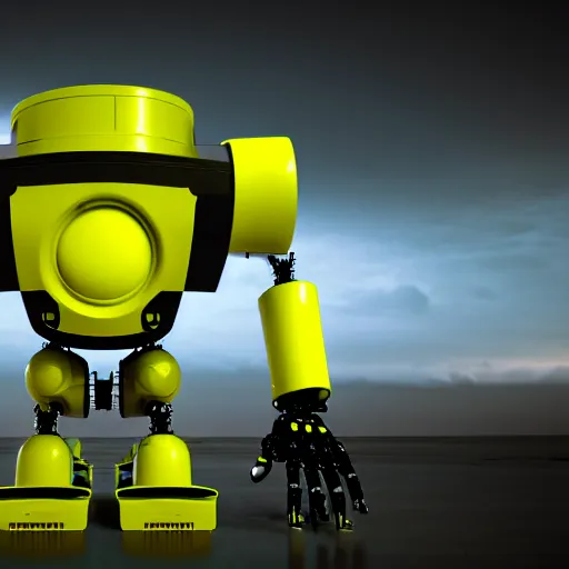 nuclear waste barrel robot with yellow weapon arms, | Stable Diffusion