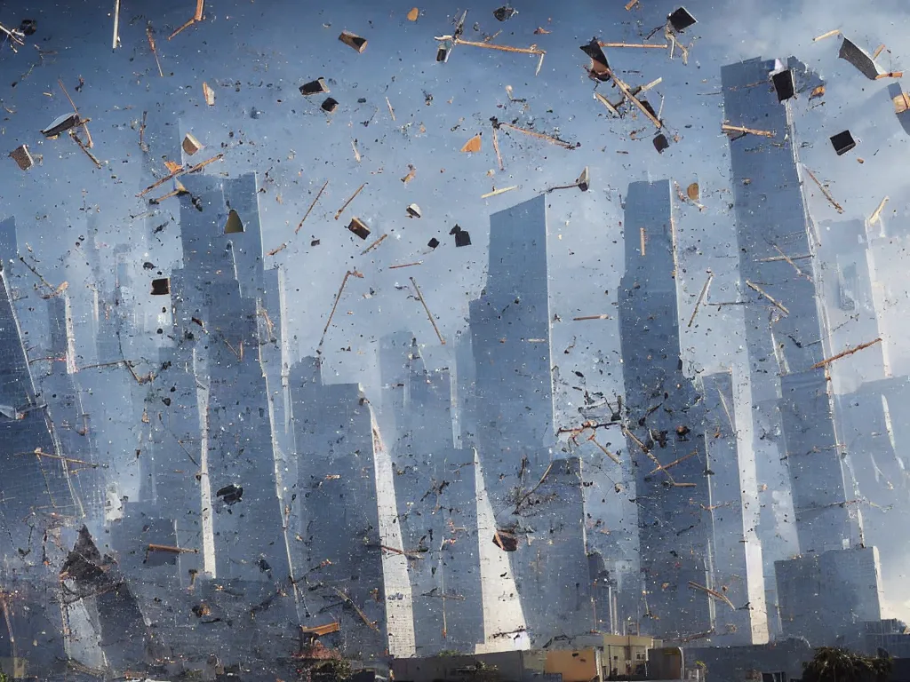 pieces of giant skyscrapers suspended in air, falling | Stable ...