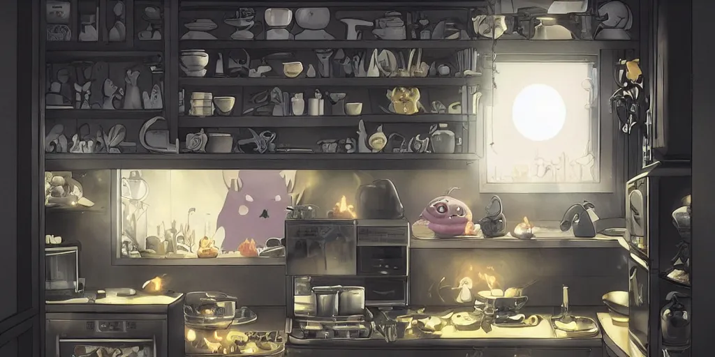 an all black monster in the kitchen cupboard, kawaii, | Stable ...