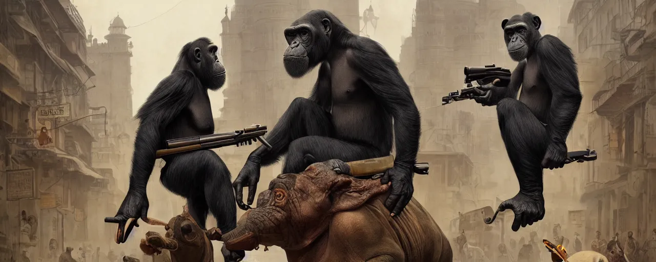 a chimpanzee holding a shotgun while riding a | Stable Diffusion | OpenArt