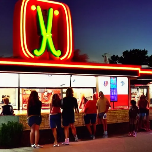 a neon fast food in usa, people outside eating meals, | Stable ...