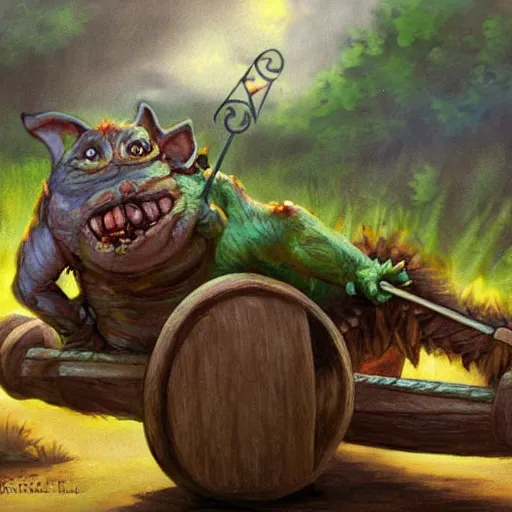 painting of chubby goblin riding in a rickety wooden | Stable Diffusion ...