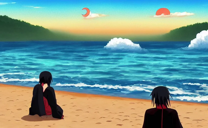 Itachi Uchiha alone at the beach watching the waves, | Stable Diffusion