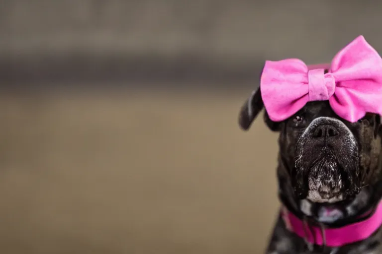 movie scene closeup juggernaut dog with pink bow on | Stable Diffusion ...