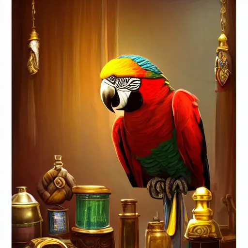 Anthropomorphized parrot trader in his shop, portrait, | Stable ...