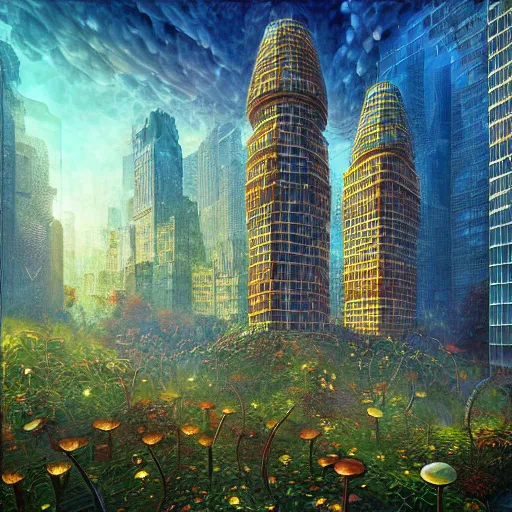 overgrown geometric mushroom skyscrapers autumn, | Stable Diffusion ...