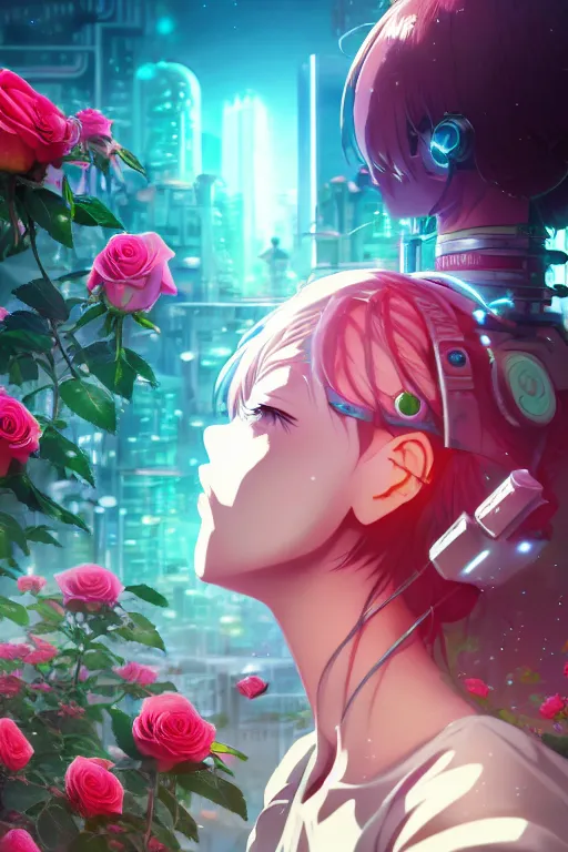 cyborg girl in cyberpunk rose garden, contemplation, | Stable Diffusion