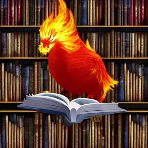 a cute flaming mythical firebird reading a book in a | Stable Diffusion ...