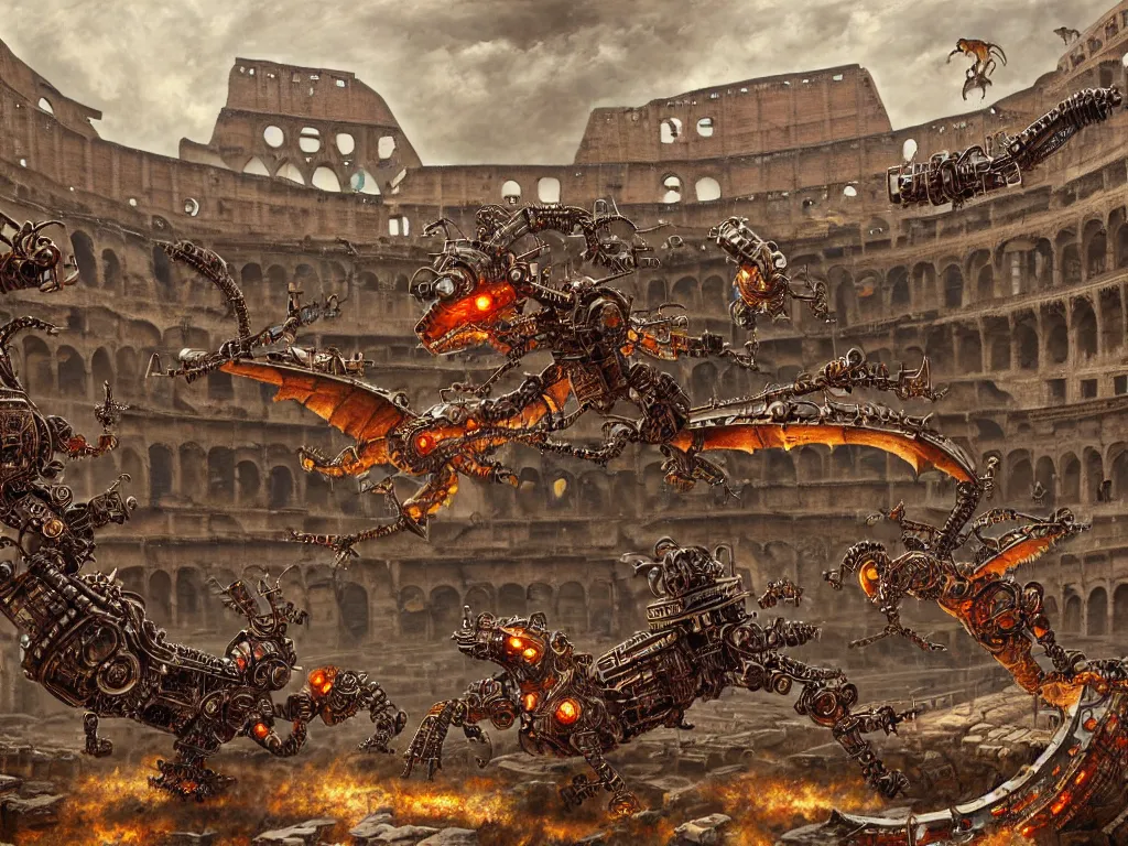 pair of robot steampunk dragons fighting each other in | Stable ...