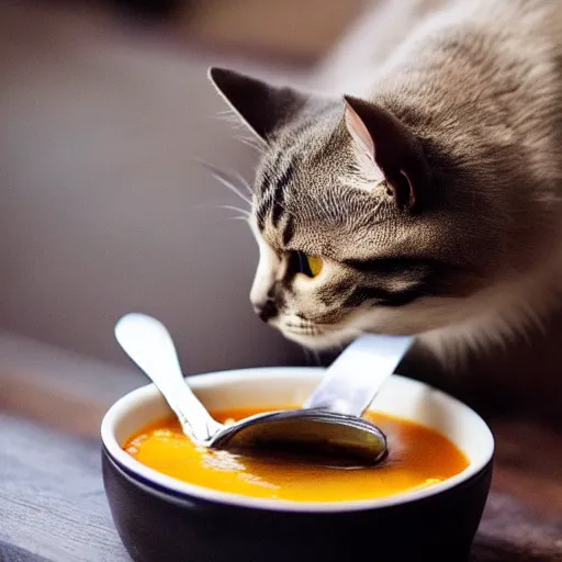 a cat eating soup with a spoon, professional | Stable Diffusion