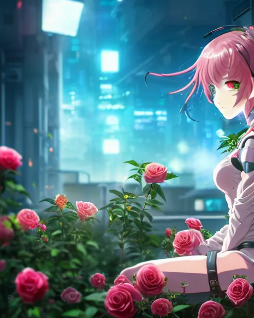 cyborg girl in cyberpunk rose garden, contemplation, | Stable Diffusion