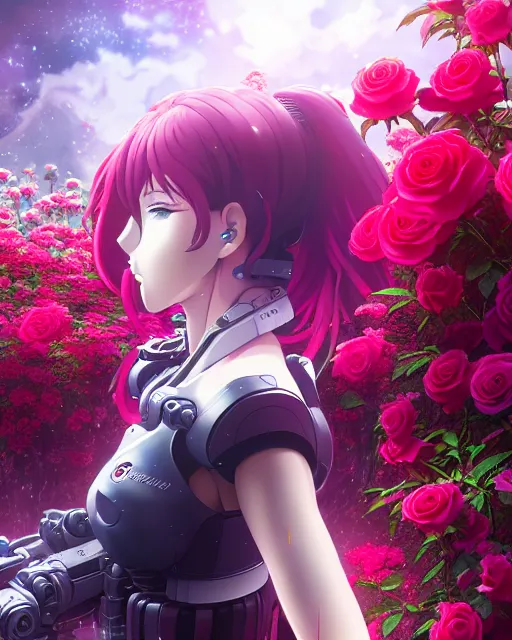 cyborg girl in cyberpunk rose garden, contemplation, | Stable Diffusion