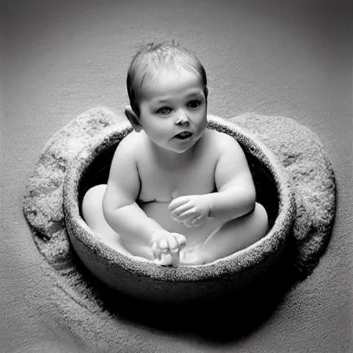 “a baby floating in a Cheerio, in a pool of milk, | Stable Diffusion