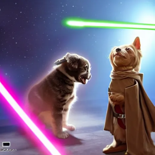 Jedi knight kitten in a lightsaber battle with a sith | Stable Diffusion