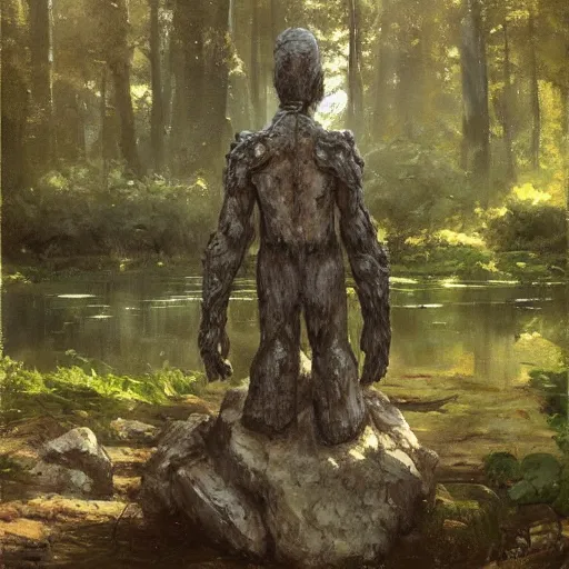 stone golem resting beside a pond inside a forest, oil | Stable ...