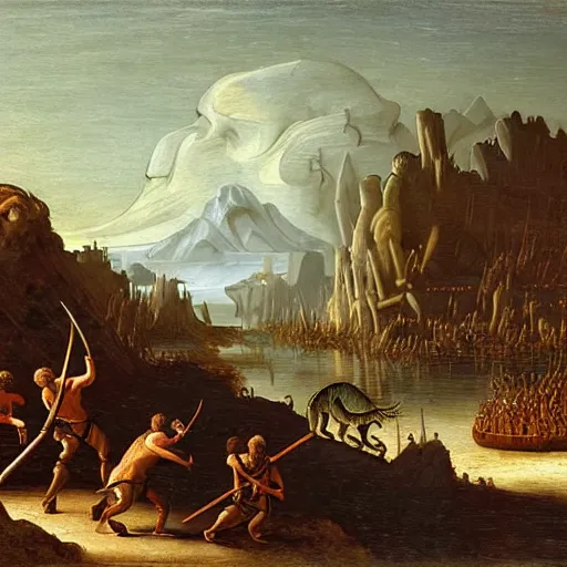 A dinosaur fighting with several cavemen armed with | Stable Diffusion ...