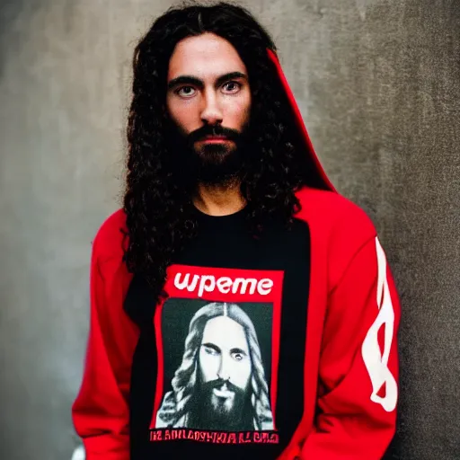 a photo of jesus wearing a supreme t - shirt | Stable Diffusion