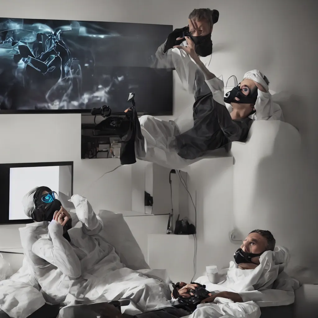 a man in a black medical mask plays xbox in the dark, | Stable Diffusion