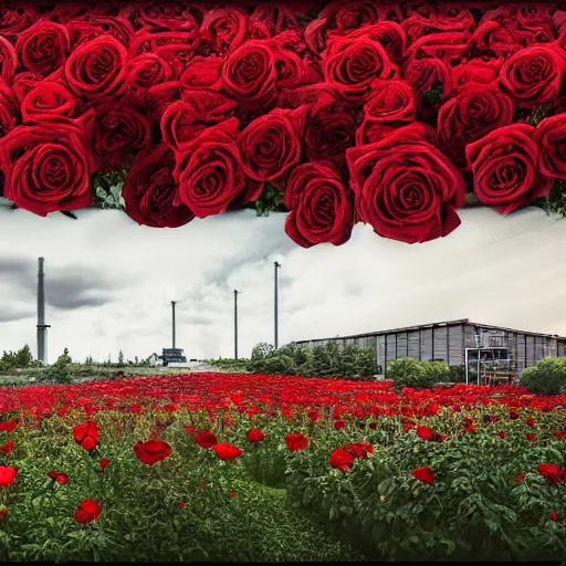 Garden+factory,Tall factory,Many red rose,A few | Stable Diffusion ...