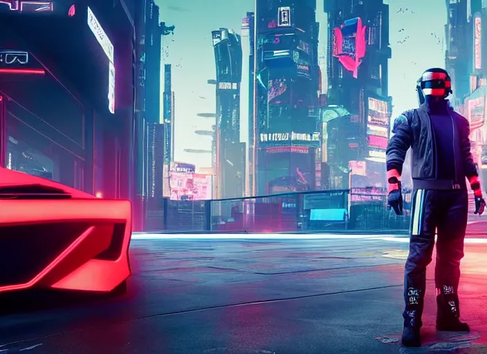 Cyberpunk racer wearing race suit and helmet standing | Stable Diffusion