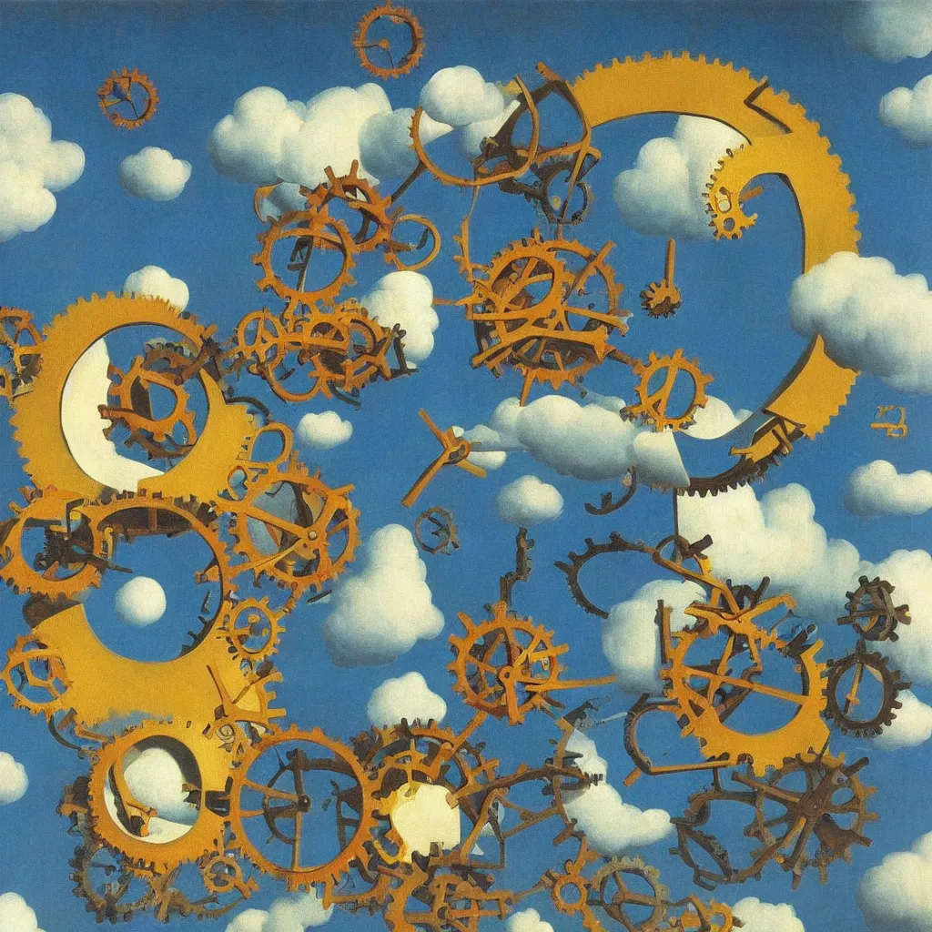 surrealist painting of a happy cog, by Rene Magritte, | Stable Diffusion