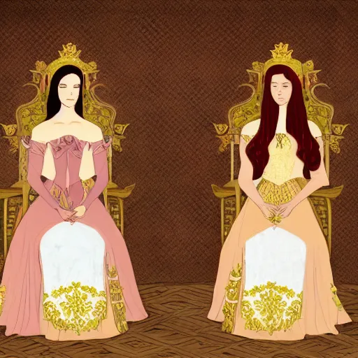 two beautiful young queens sitting in thrones across | Stable Diffusion ...