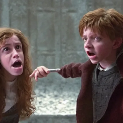an angry hermione casting a spell at a scared ron | Stable Diffusion ...