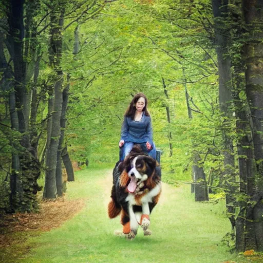 girl riding giant Bernese Mountain Dog in the park, | Stable Diffusion