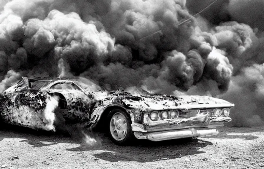 exploding car, vintage movie still | Stable Diffusion