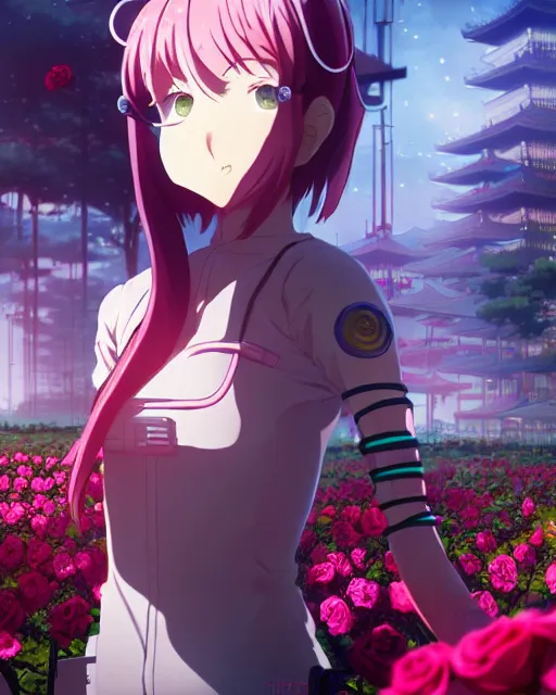 cyborg girl in cyberpunk rose garden, contemplation, | Stable Diffusion
