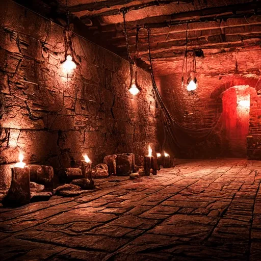 a dark and desolate stone dungeon with red tattered | Stable Diffusion