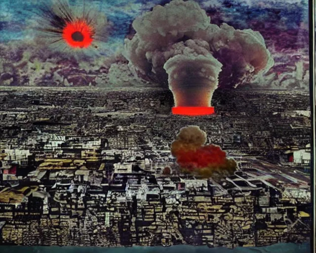 surrealistic collage art, nuclear explosion in a city | Stable ...