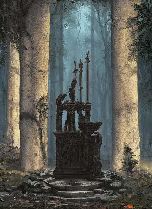 photo of dark altar in the woods, candles, ruined | Stable Diffusion