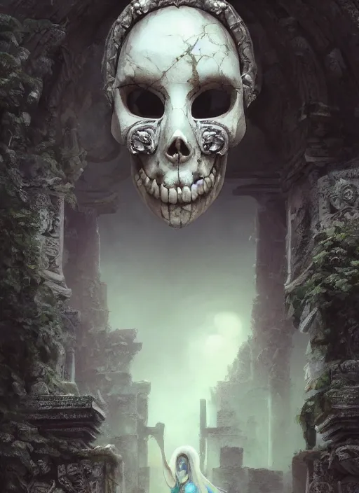 close up of a veiled half scull mask girl on the ruins | Stable ...