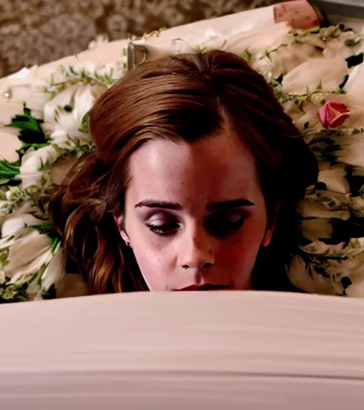 Emma Watson laying inside a coffin, movie scene, | Stable Diffusion