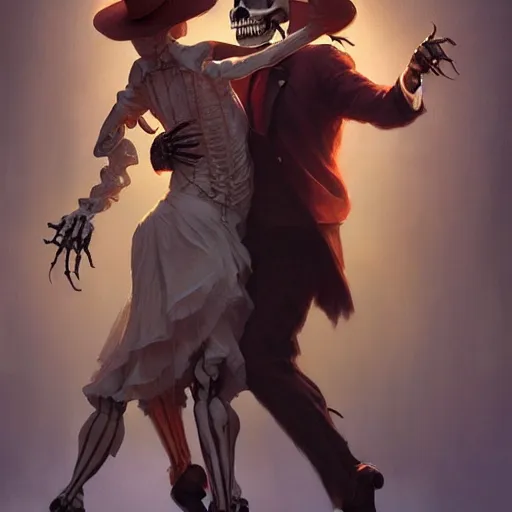 skeletons wearing old rags dancing tango, spotlight, | Stable Diffusion