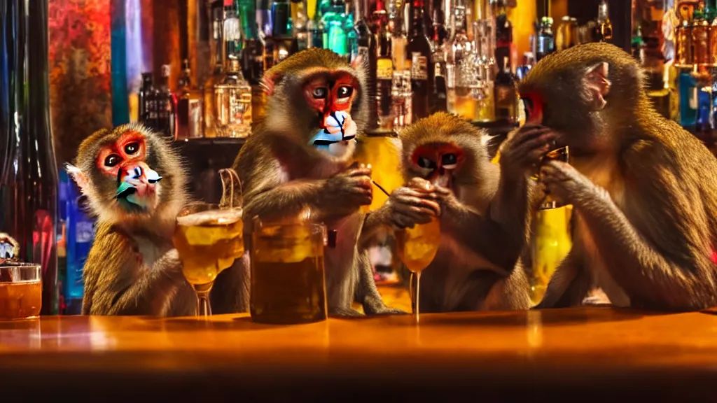 monkeys drinking alcohol, inside a bar, vibrant | Stable Diffusion