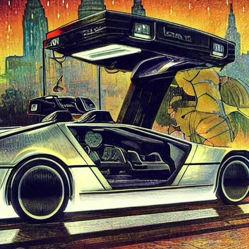 futuristic delorean time machine at night in the rain | Stable ...