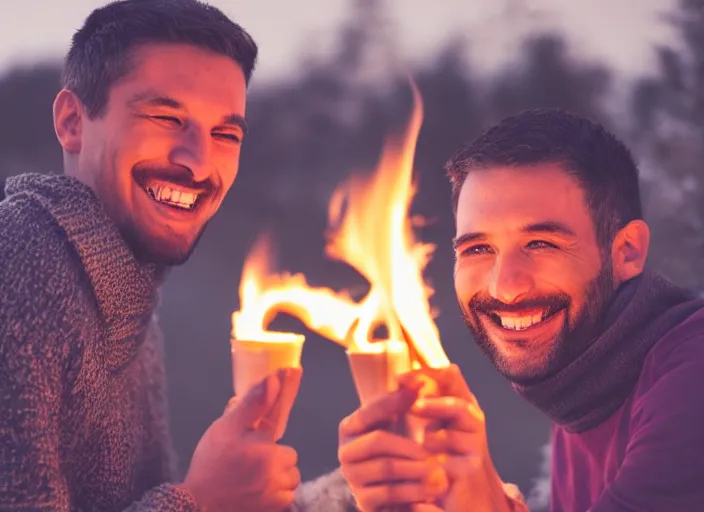 a man smiling while staring into a flame at night | Stable Diffusion ...