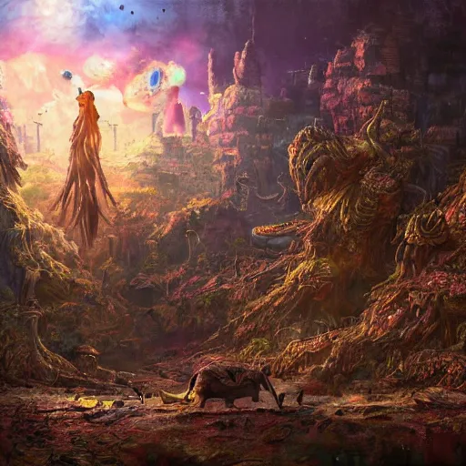 humans exploring ancient post - apocalyptic planet, | Stable Diffusion