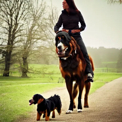 girl riding giant Bernese Mountain Dog in the park, | Stable Diffusion