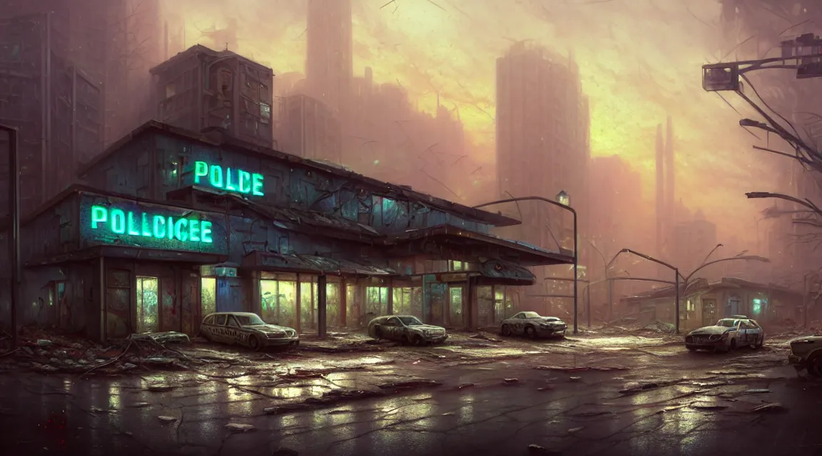 post apocalyptic police station, building, avenue, | Stable Diffusion ...