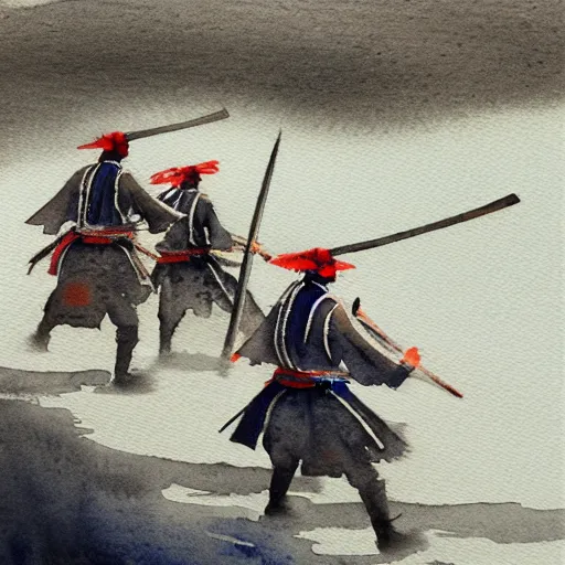 detailed watercolor painting of samurai marching down | Stable ...